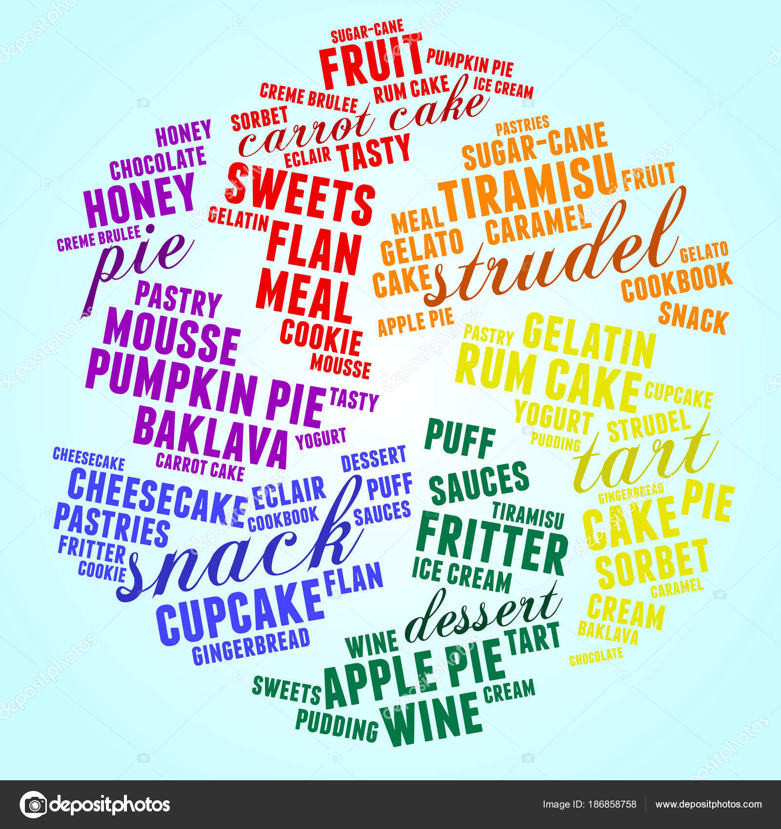 Snack Word Cloud Rainbow Wheel Gradient Blue Background Food Concept ...