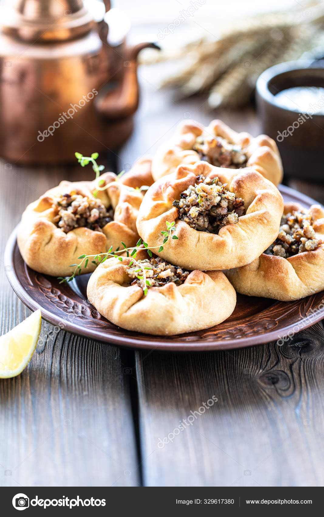 Group of individual pies with meat and potato - vak balish. Tatar ...