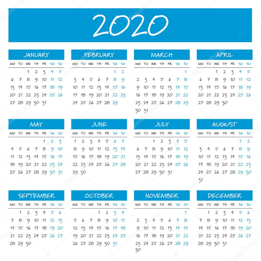 Simple 2020 year calendar — Stock Vector © 123sasha #127171736