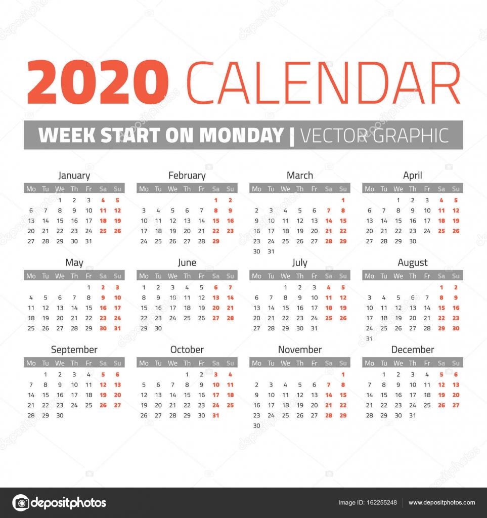 Simple 2020 year calendar — Stock Vector © 123sasha #162255248