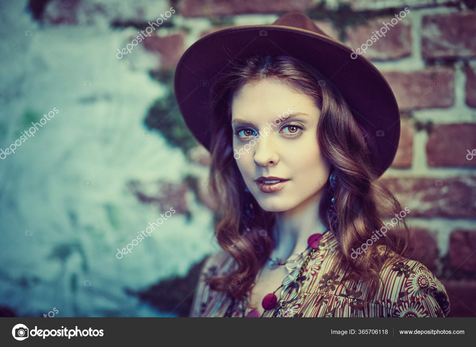 Portrait Gorgeous Young Woman Boho Style Dress Accessories Posing