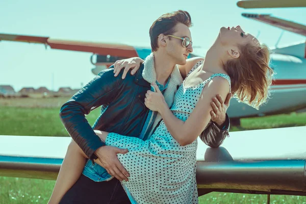 Beautiful Girl Handsome Man Pilots Stand Next Fighter Jet Airfield ...