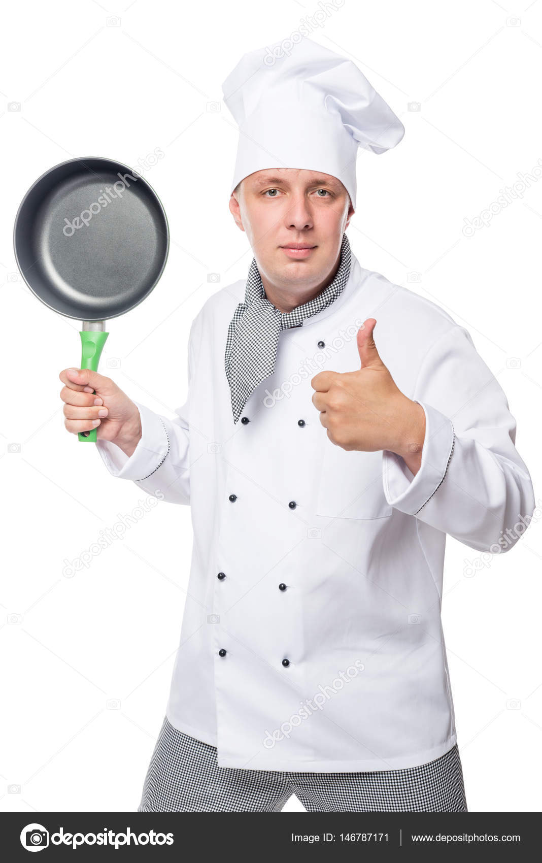 Satisfied chef showing thumbs up and holding a frying pan on a w ...