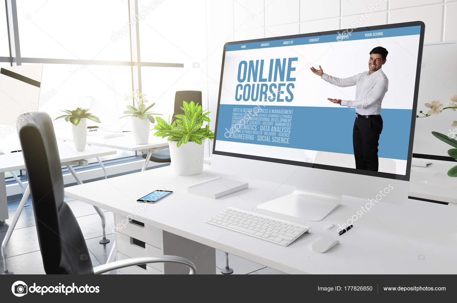 Computer Online Courses Website Design Screen Modern Office Workplace ...