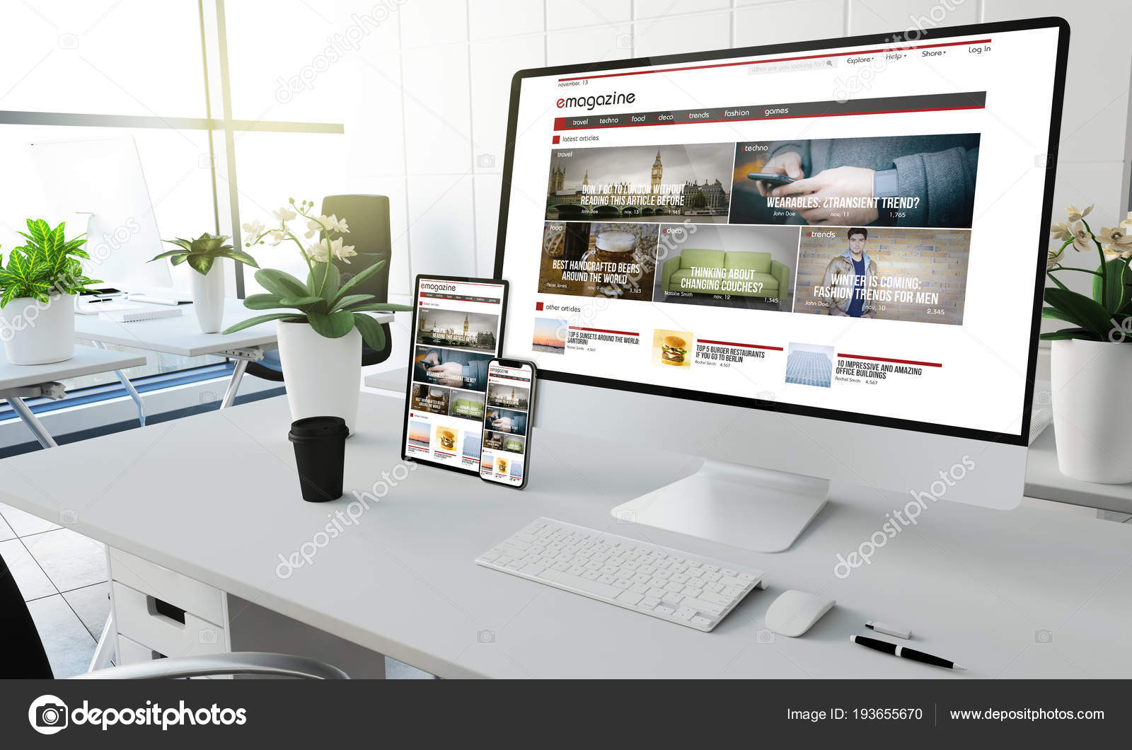 Magazine Screen Devices Mockup Coworking Office Rendering — Stock Photo ...