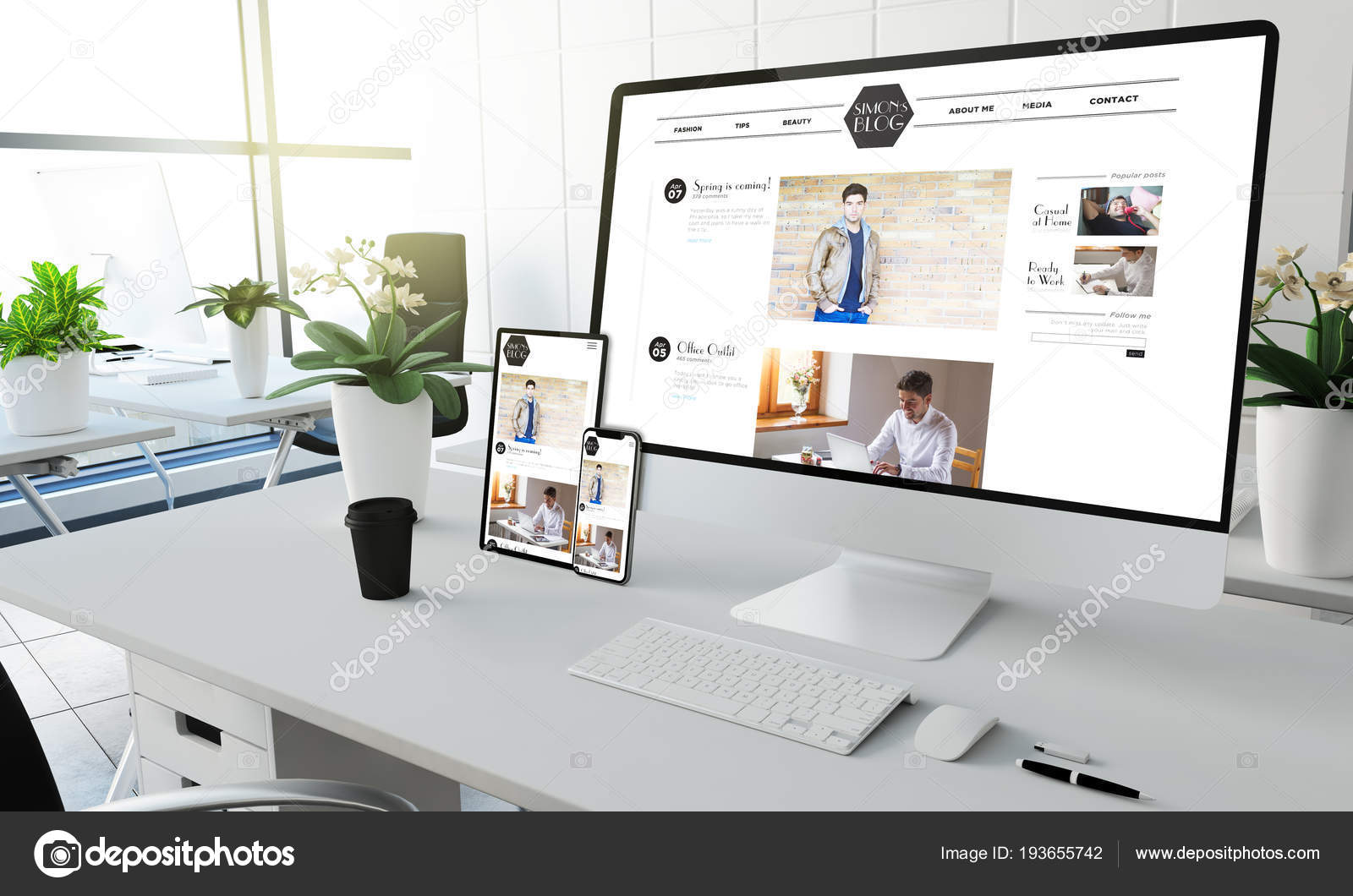 Blog Screen Devices Mockup Coworking Office Rendering — Stock Photo ...