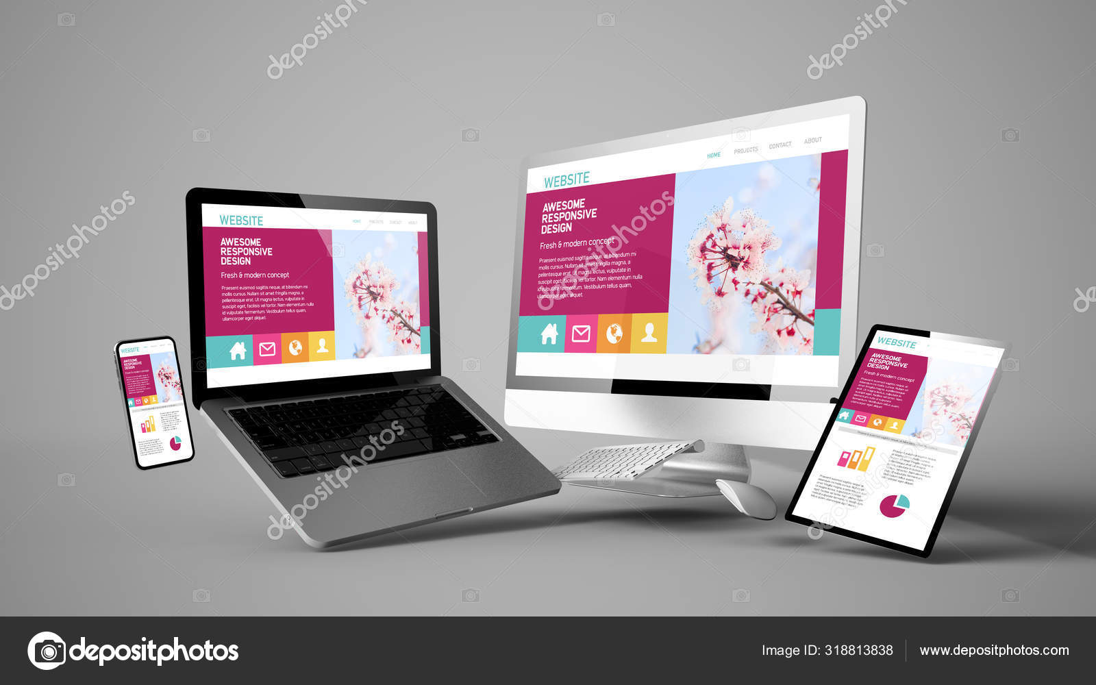 Floating Devices Mockup Colorful Responsive Website Design Rendering — Stock Photo ...