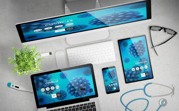 Rendering Top View Devices Landing Page Responsive Screen Wooden Desktop — Stock Photo ...