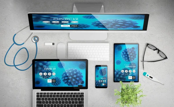 Rendering Top View Devices Landing Page Responsive Screen Wooden Desktop — Stock Photo ...