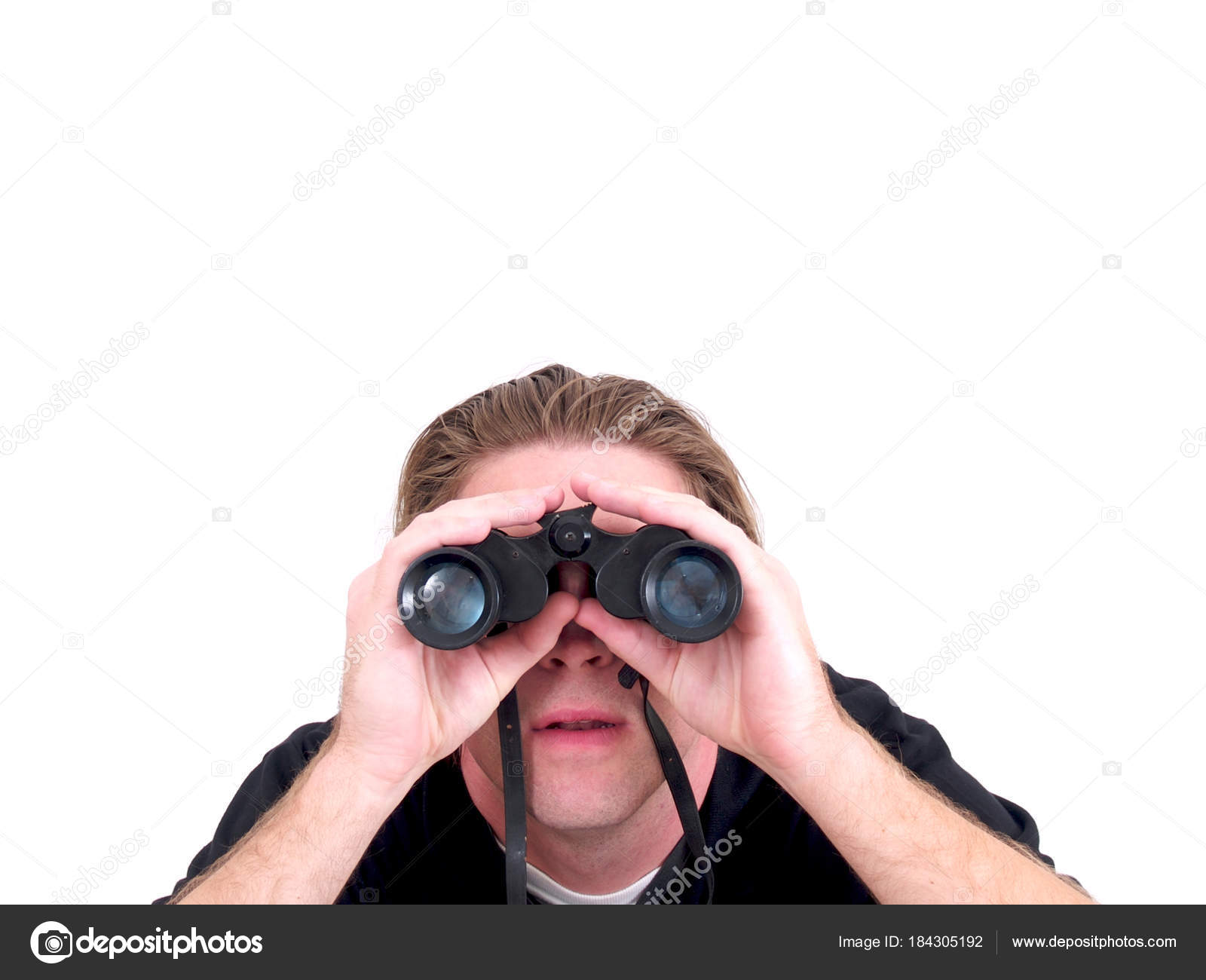 Man Using Binoculars Isolated White — Stock Photo © jon2330 #184305192