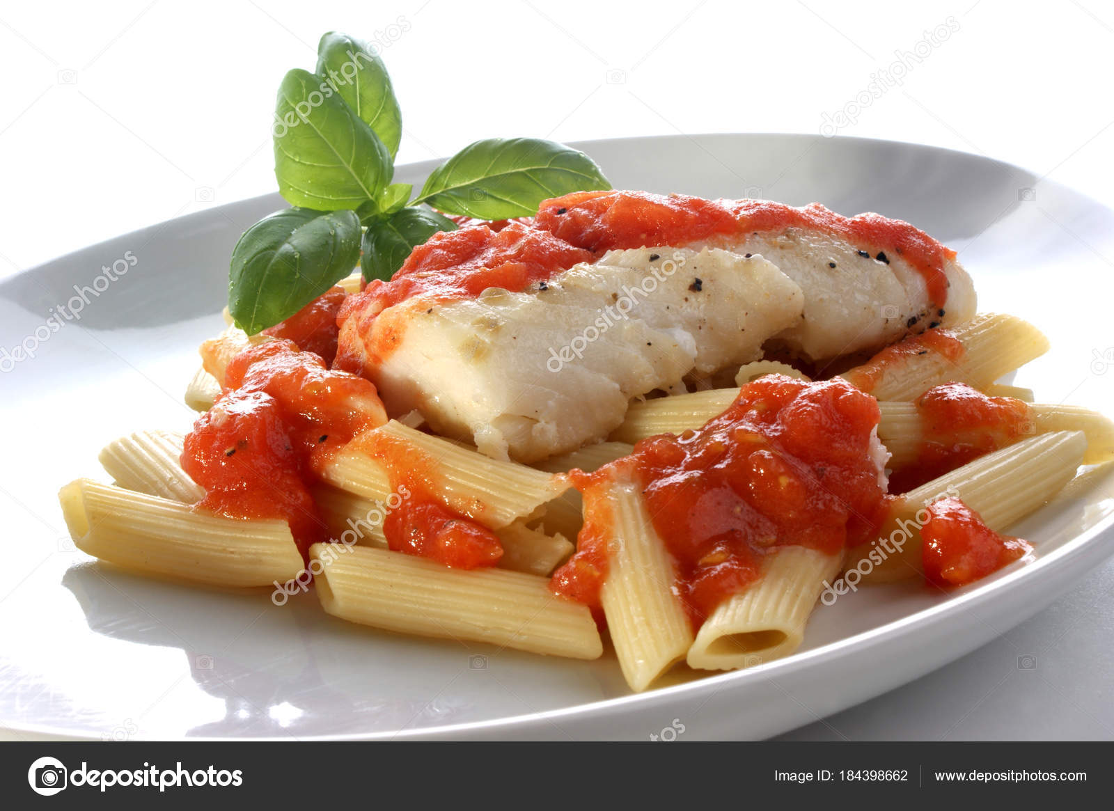 Pasta Cooked Cod Loins Fish Homemade Tomato Sauce Stock Photo by ...