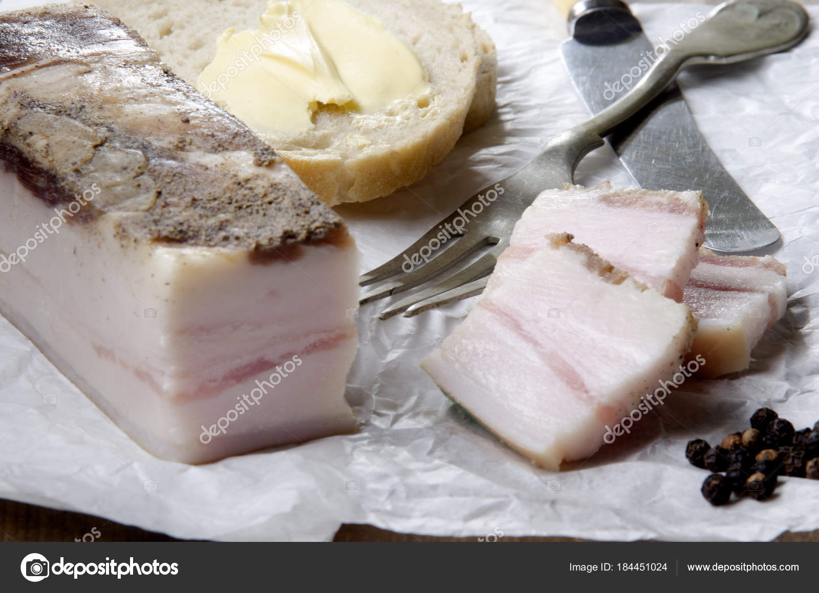 Fat Bacon Pepper Bread Knife Fork White Paper — Stock Photo ...