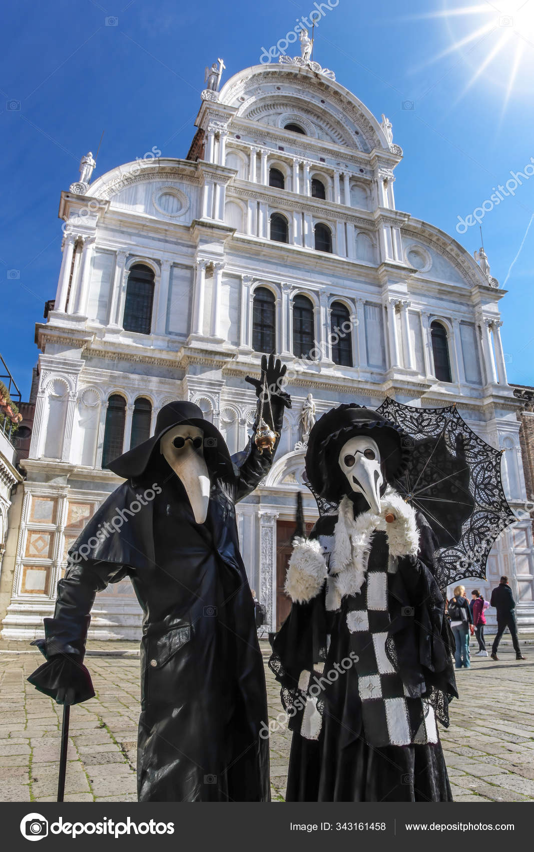 Typical carnival masks of Dottore at a traditional festival in Venice ...