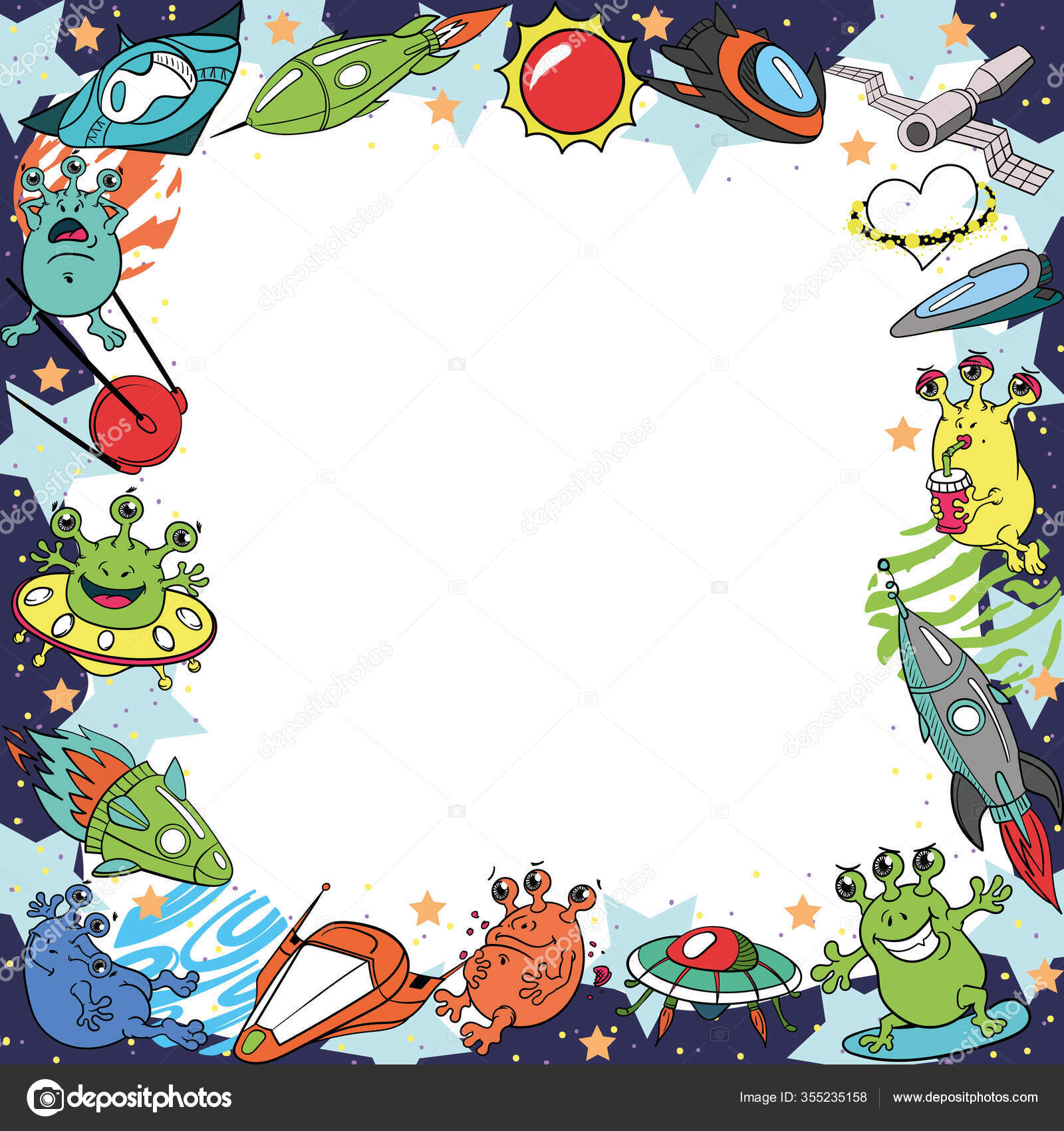 Cute Funny Square Space Color Photo Frame Aliens Surf Flying Stock ...