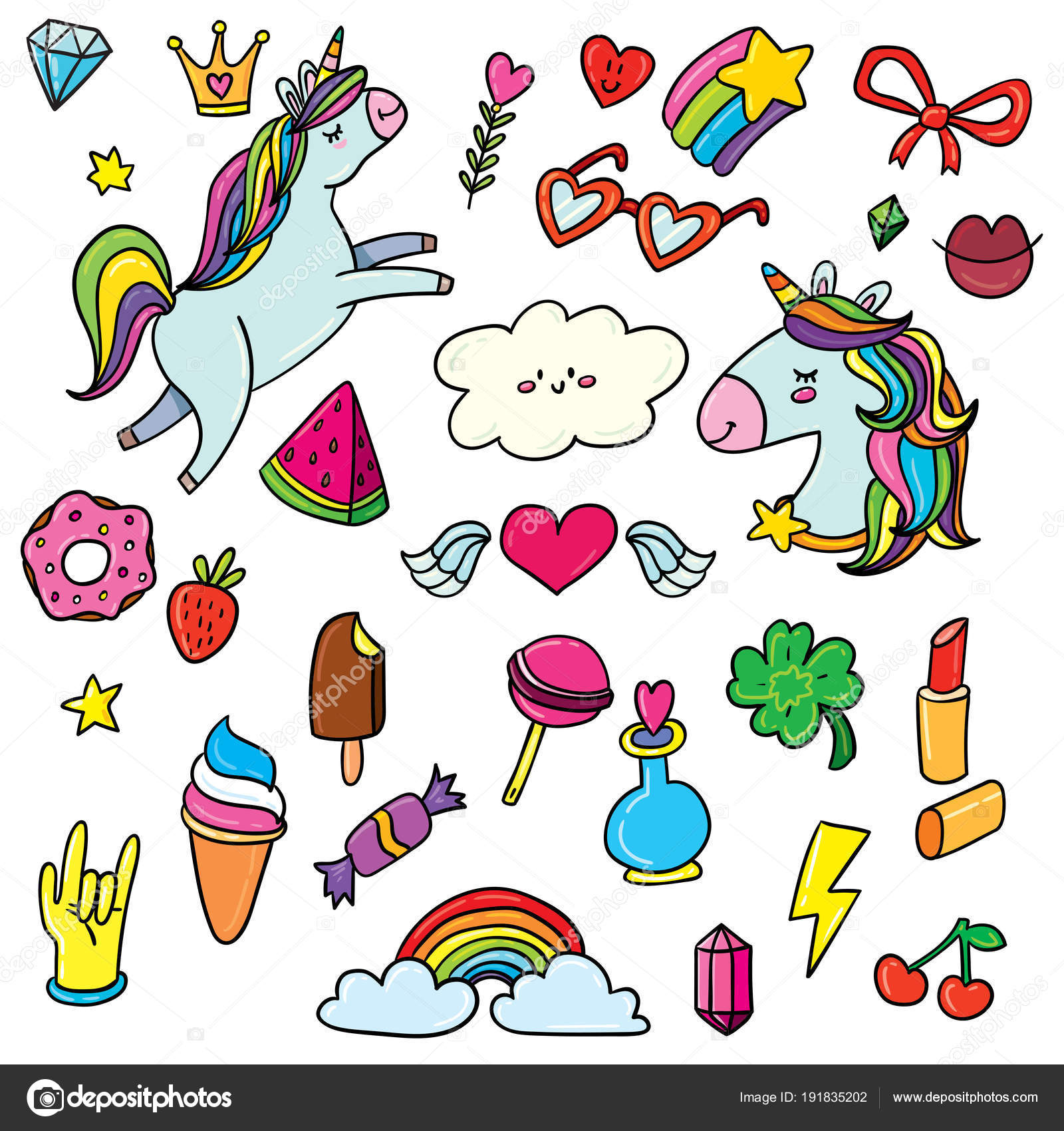 Cute Colorful Sketch Doodle Style Stickers Set Vector Illustration ...