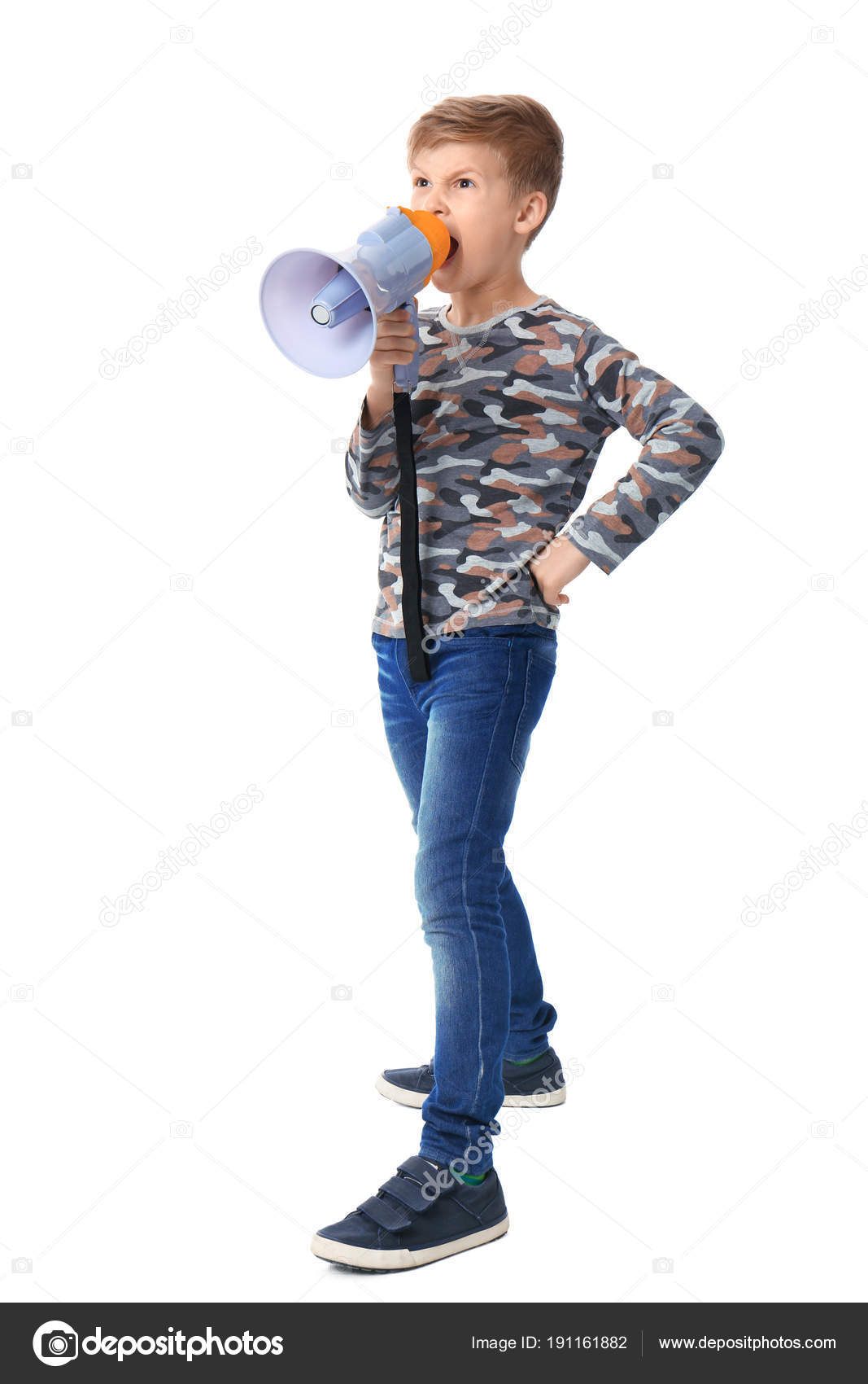 Cute little boy with megaphone on white background Stock Photo by ...