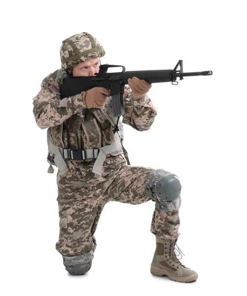 Male soldier with machine gun on white background. Military service ...