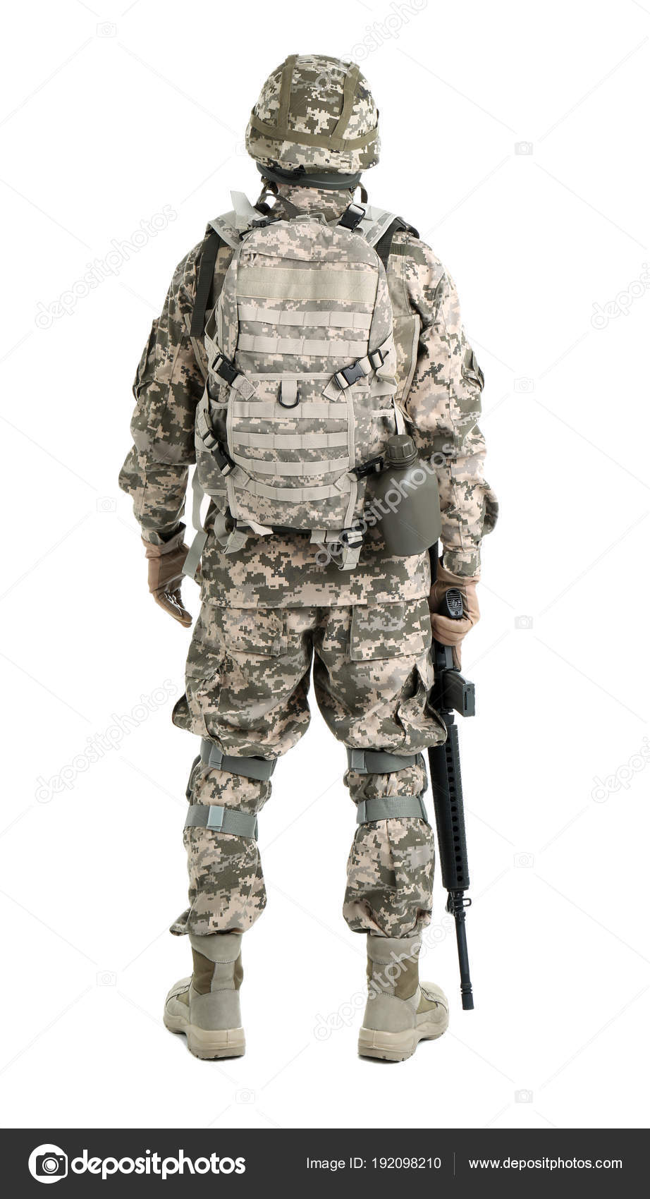 Male soldier with machine gun on white background. Military service ...
