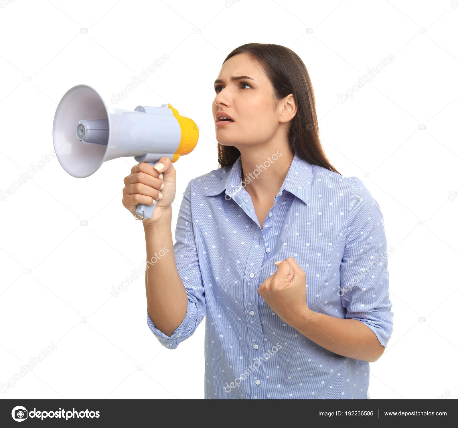 Young woman using megaphone on white background — Stock Photo ...