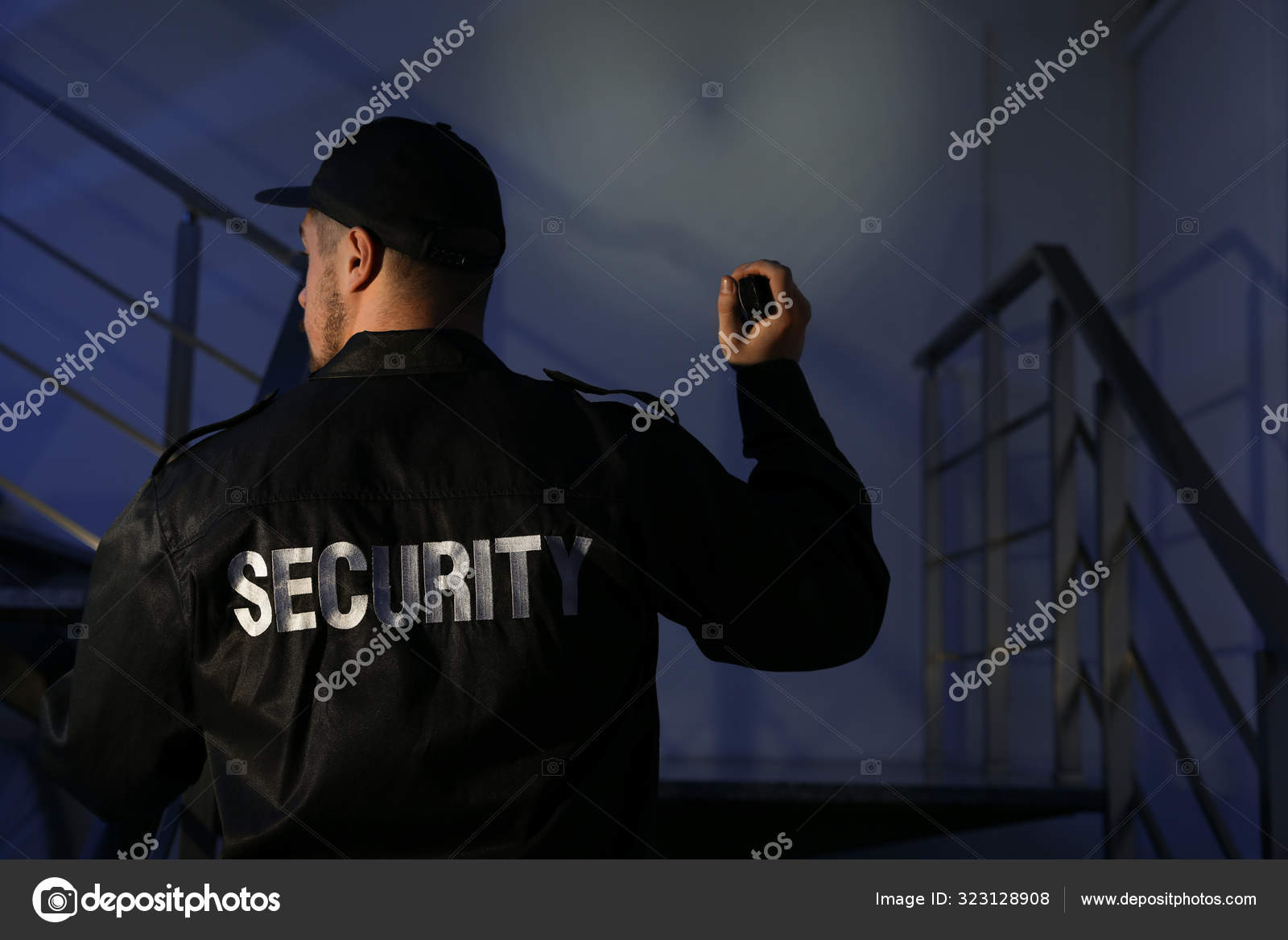 Male Security Guard Flashlight Going Stairs Darkness — Stock Photo ...