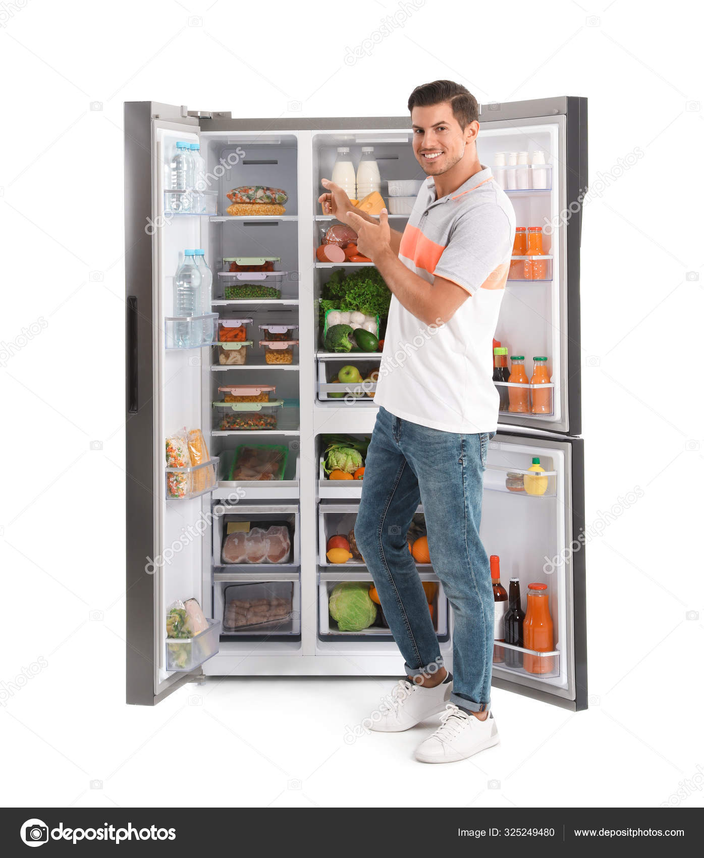 Man Open Refrigerator White Background Stock Photo by ©NewAfrica 325249480