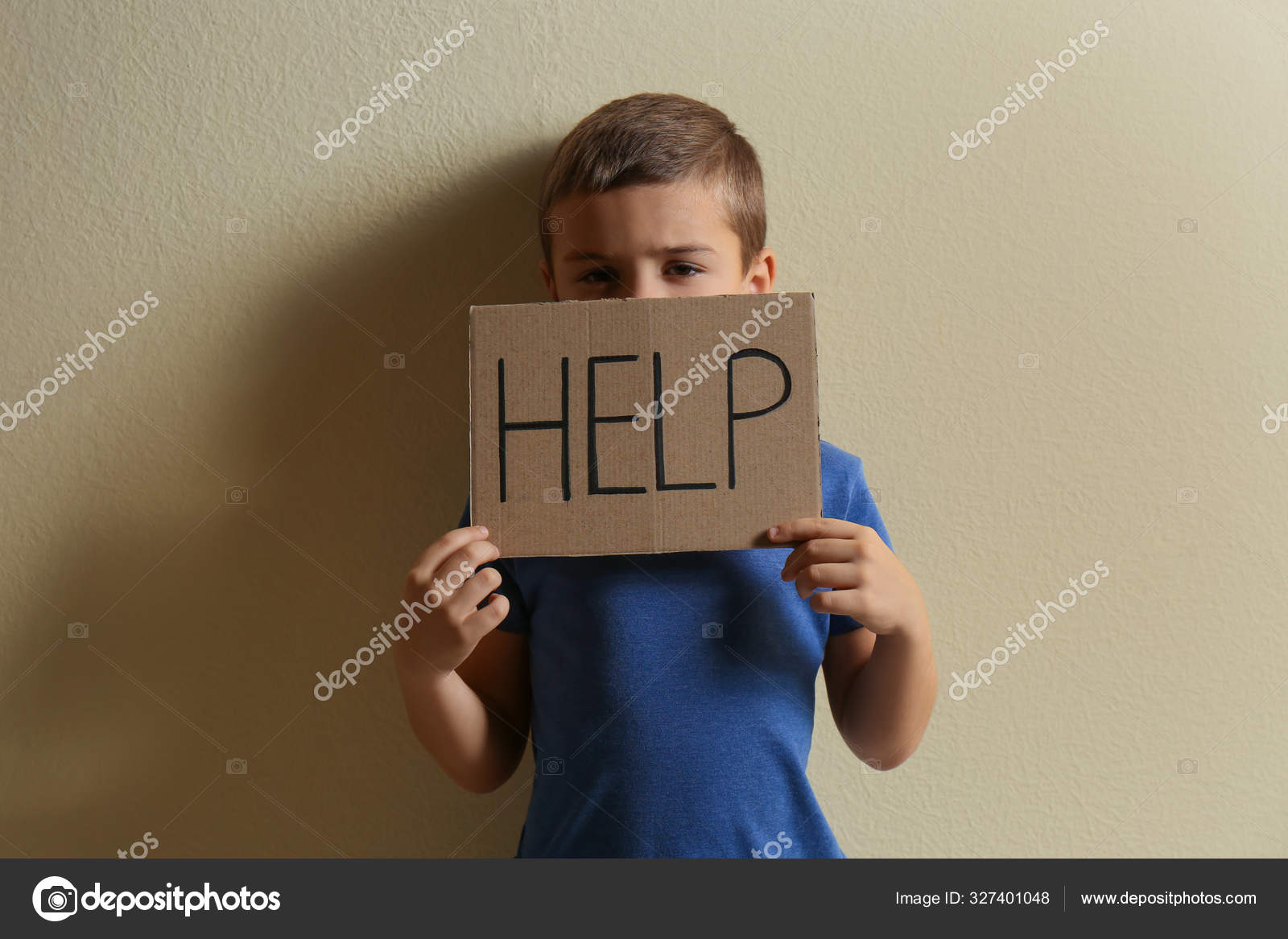 Little Boy Sign Help Yellow Background Child Danger — Stock Photo ...