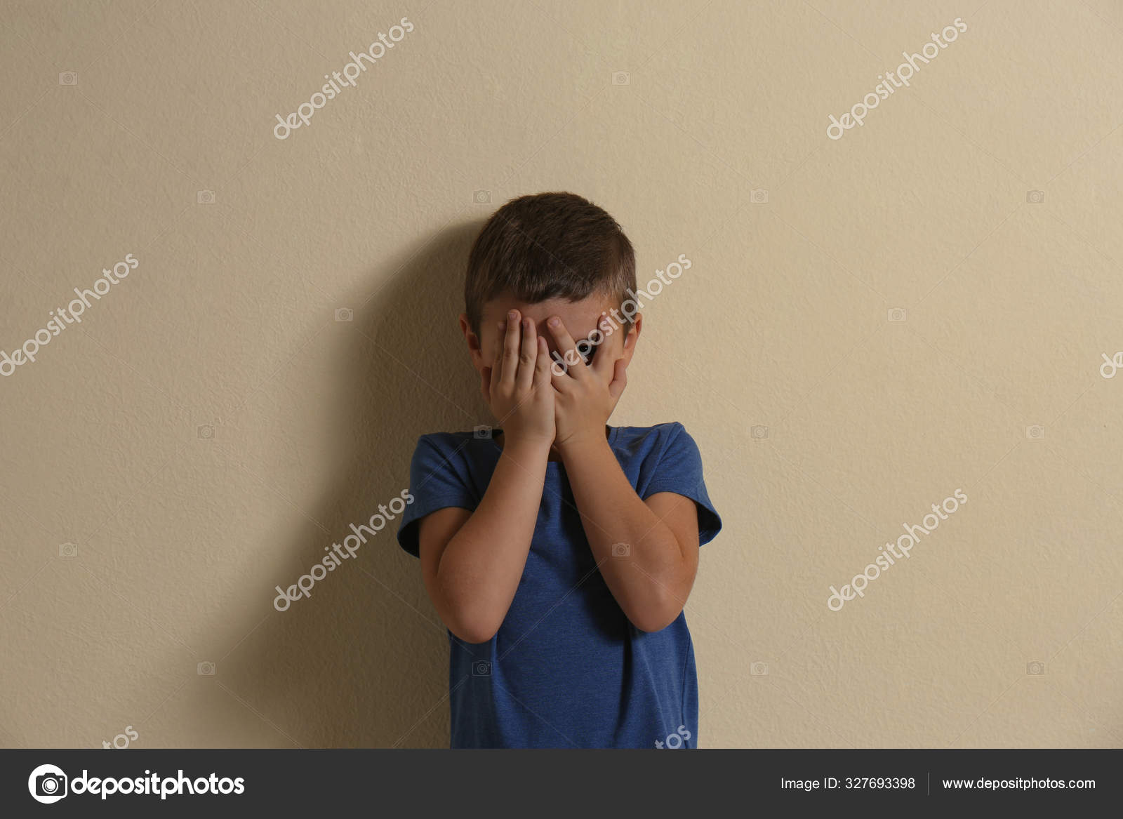 Scared Little Boy Closing Face Hands Yellow Background Child Danger ...