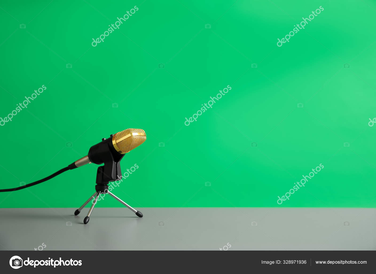 Microphone Table Green Background Space Text Journalist's Work Stock ...
