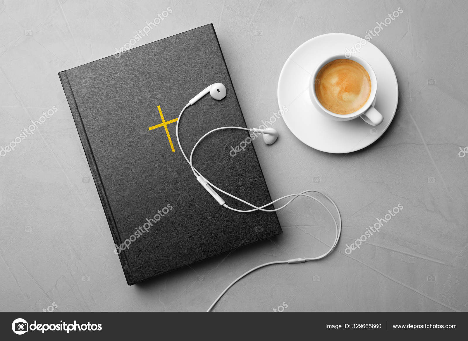 Bible Cup Coffee Earphones Light Grey Background Flat Lay Religious ...