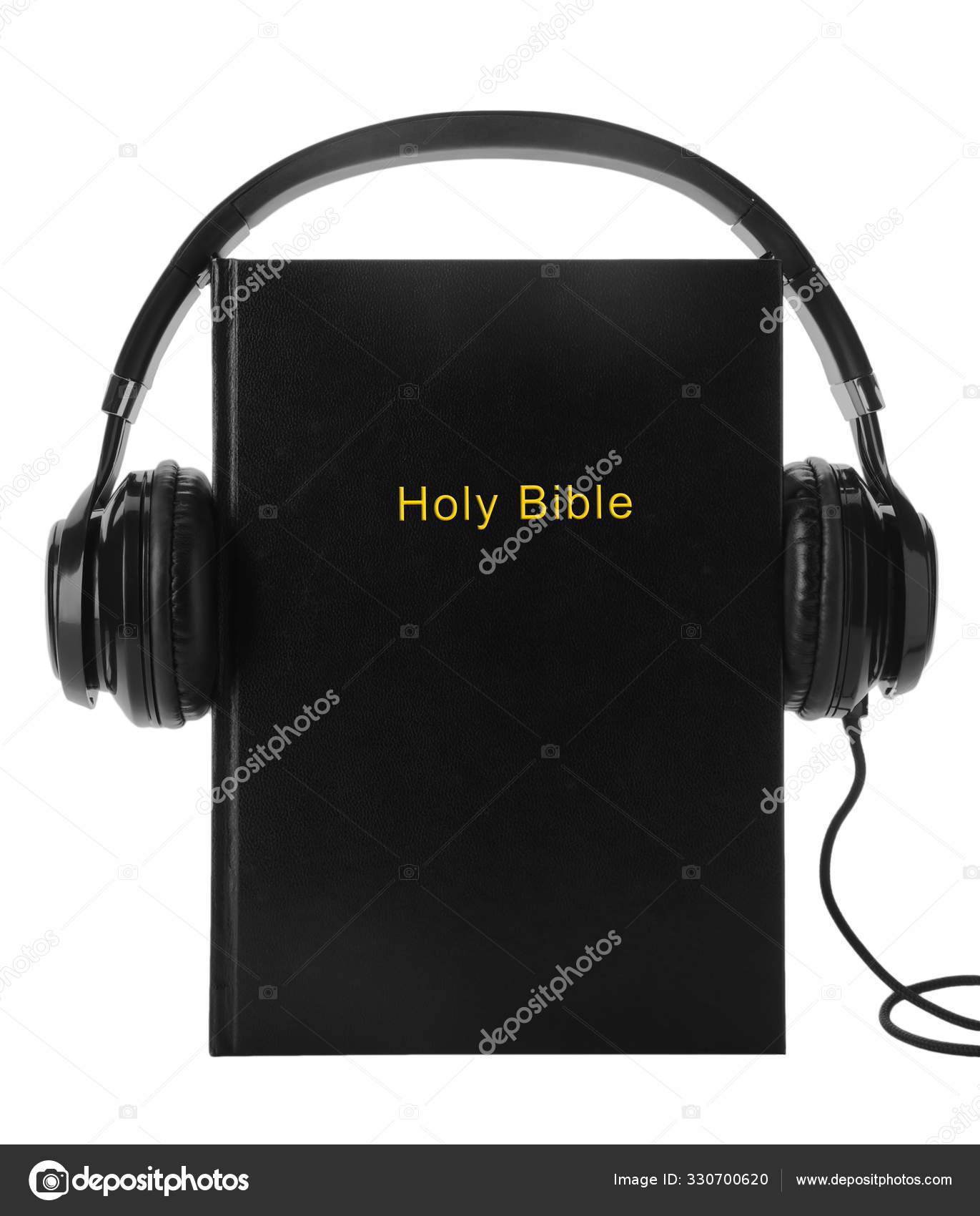 Bible and headphones on white background. Religious audiobook Stock ...