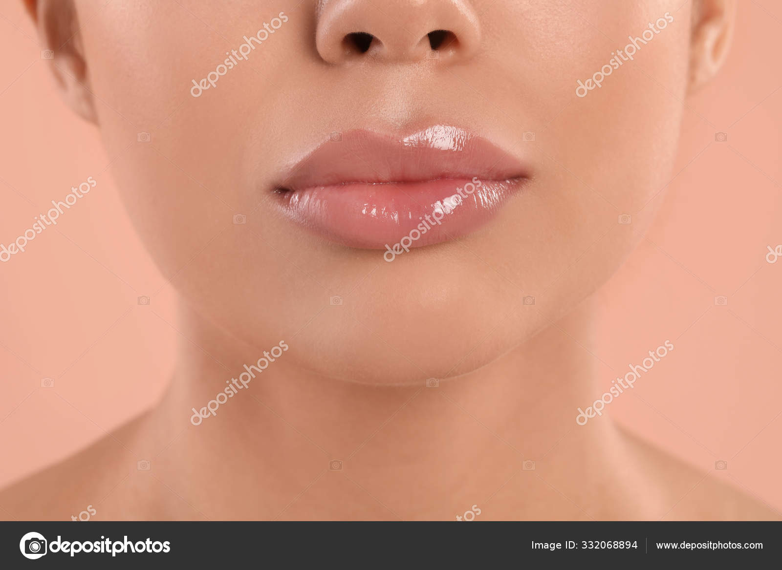 Young Woman Beautiful Full Lips Peach Background Closeup Stock Photo by ...