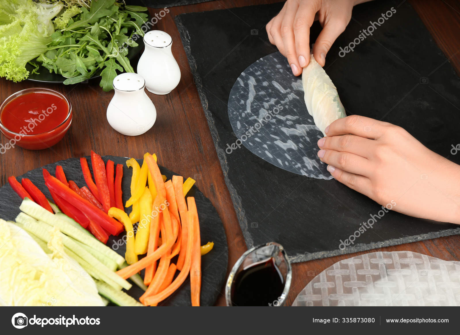 Woman Making Rice Paper Roll Wooden Table Closeup Stock Photo by ...