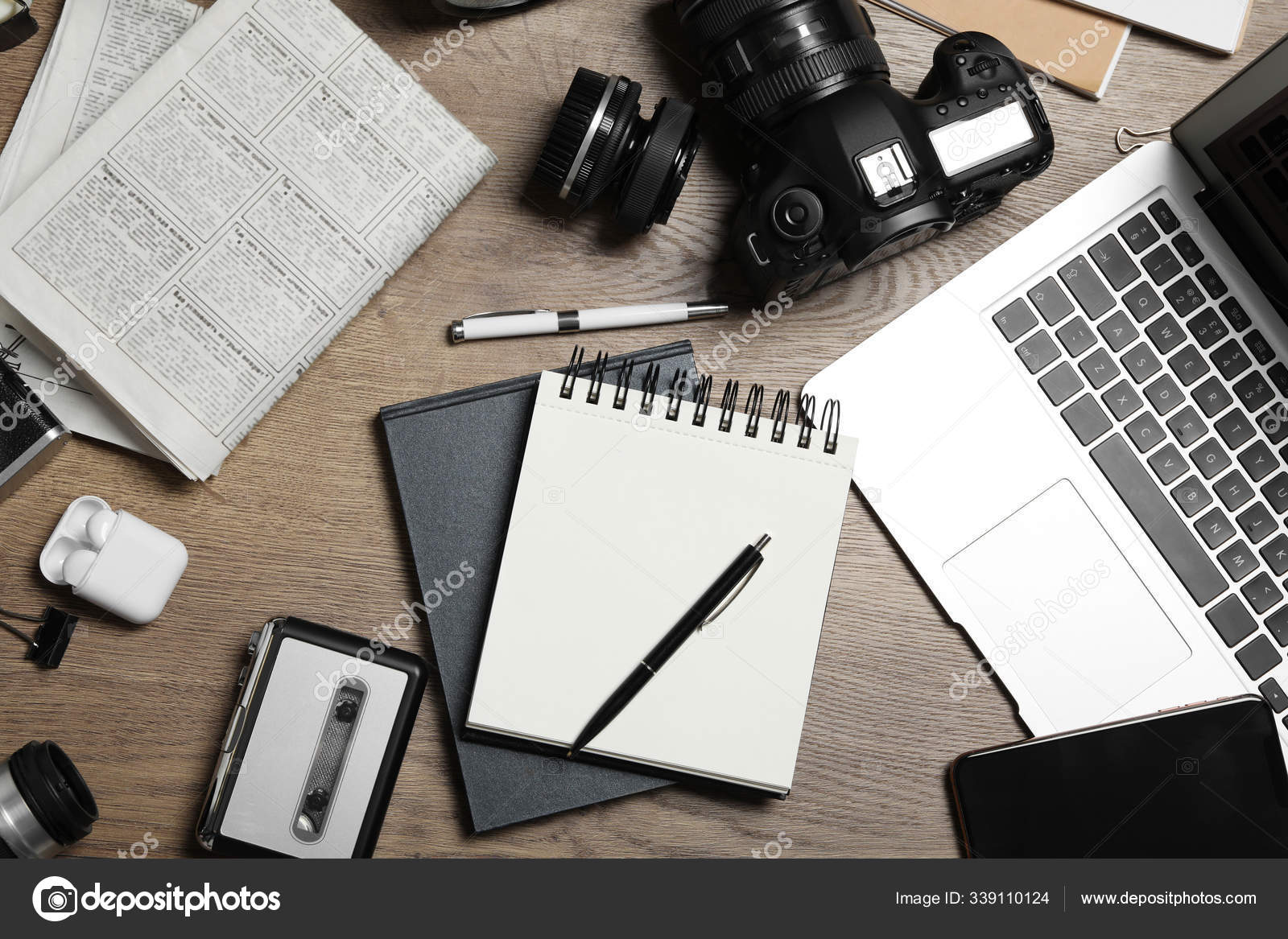 Flat Lay Composition Equipment Journalist Wooden Table — Stock Photo ...
