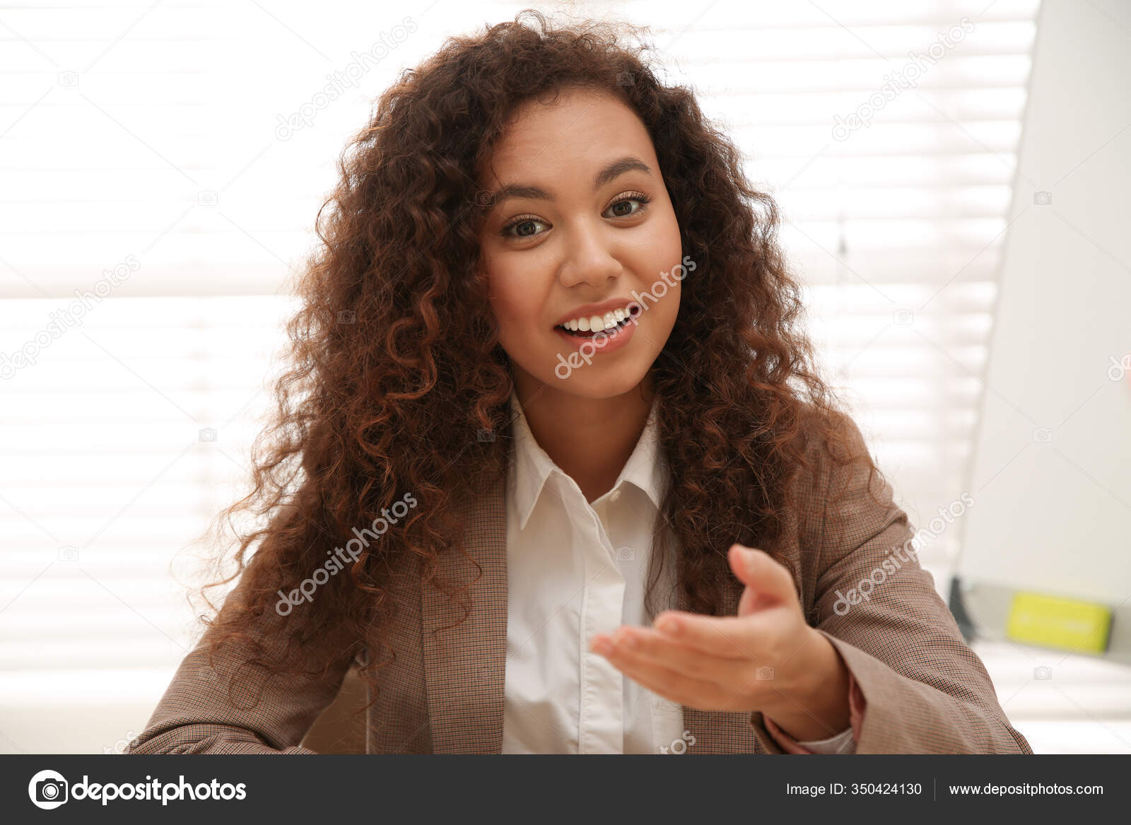 Happy African American Woman Using Video Chat Office View Web Stock ...