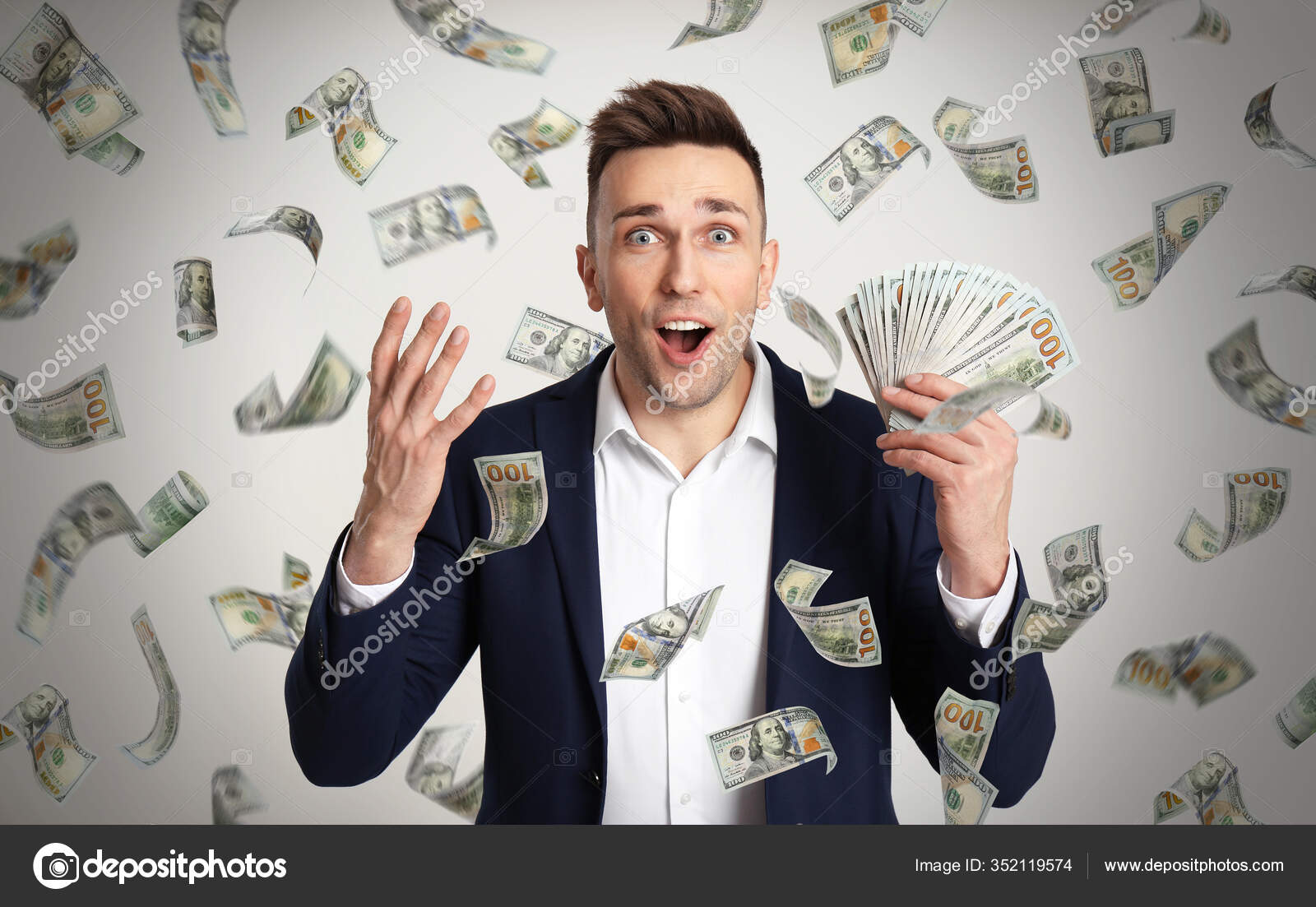 Happy Young Man Dollars Money Rain Light Background Stock Photo by ...