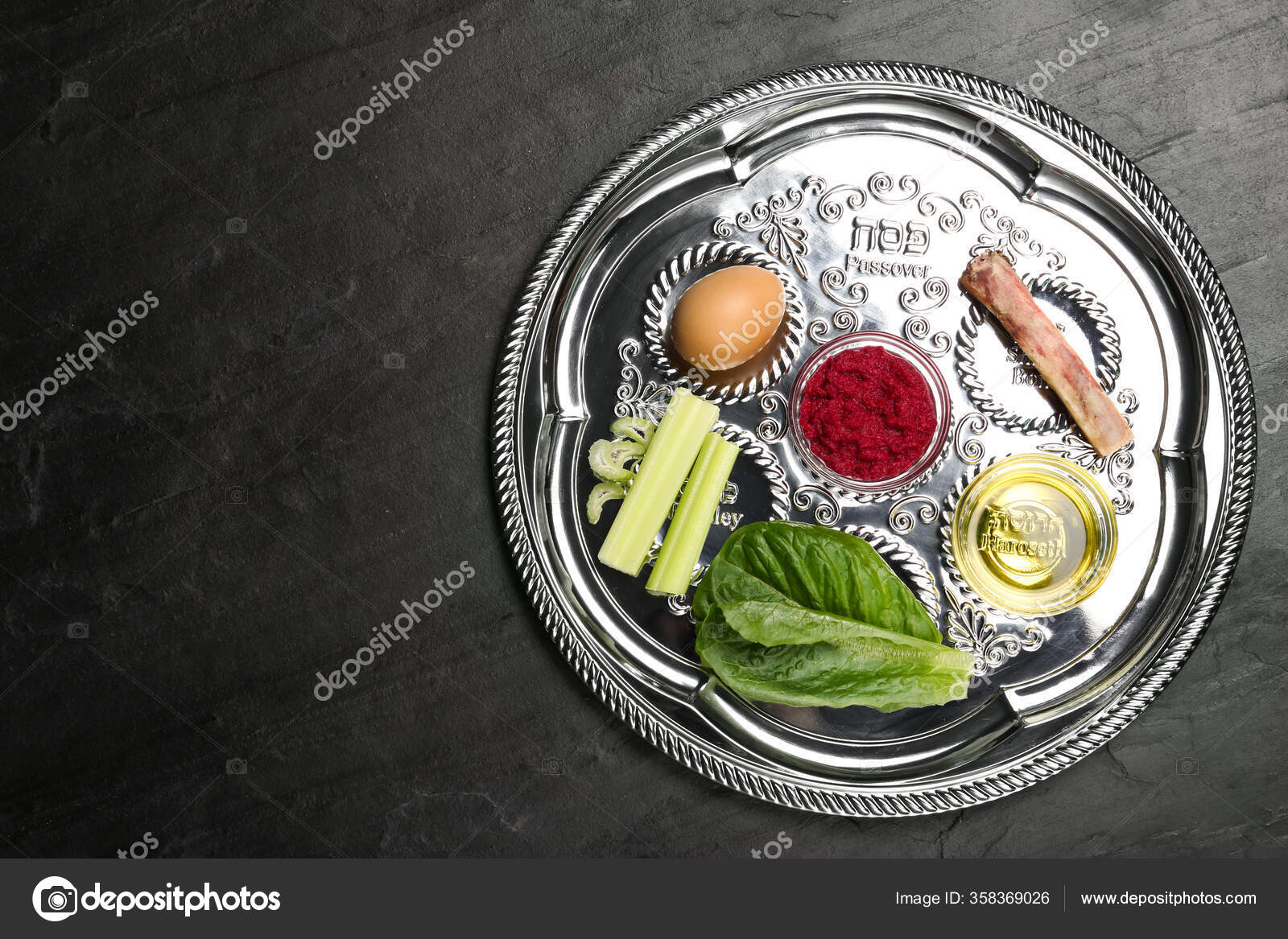 Passover Seder Plate Keara Black Table Top View Space Text — Stock ...
