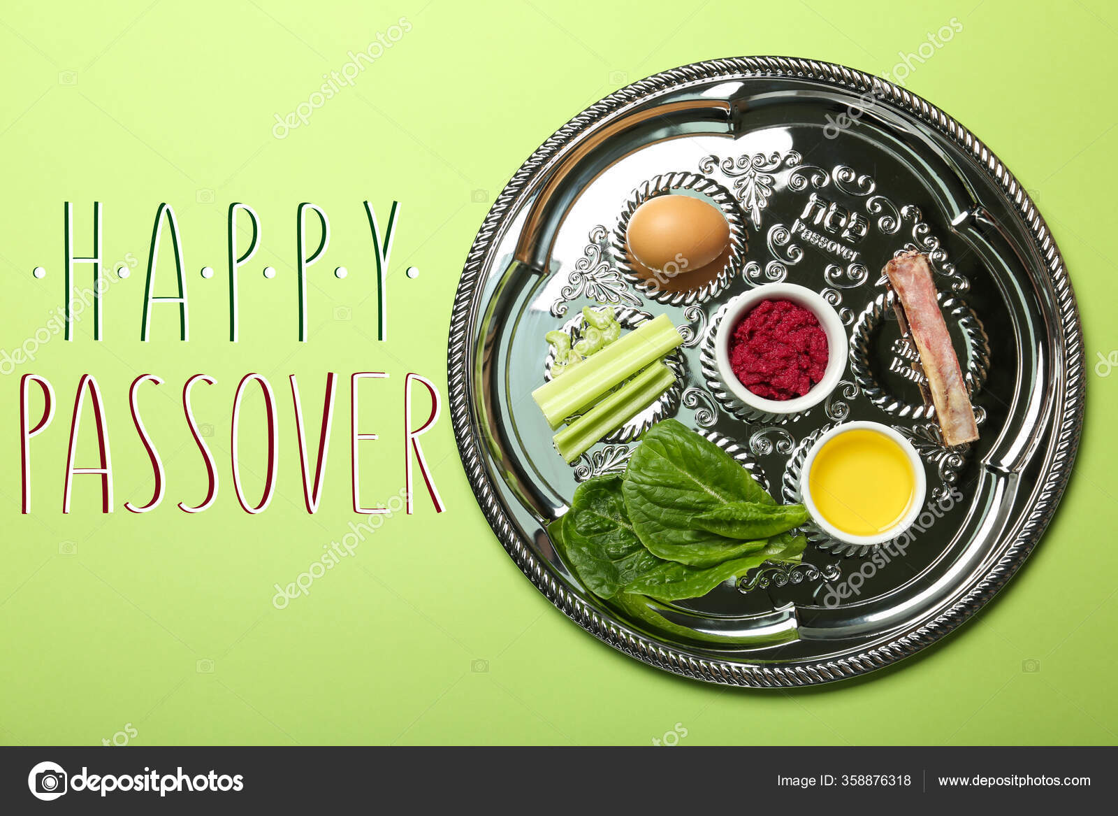 Passover Seder Plate Keara Symbolic Meal Green Background Top View ...