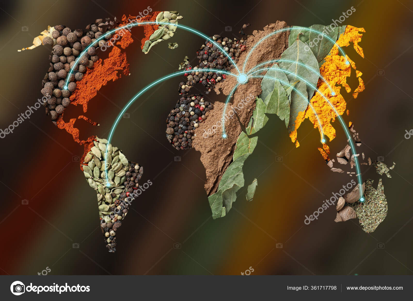 Double Exposure World Map Different Spices Blurred Background Logistic ...
