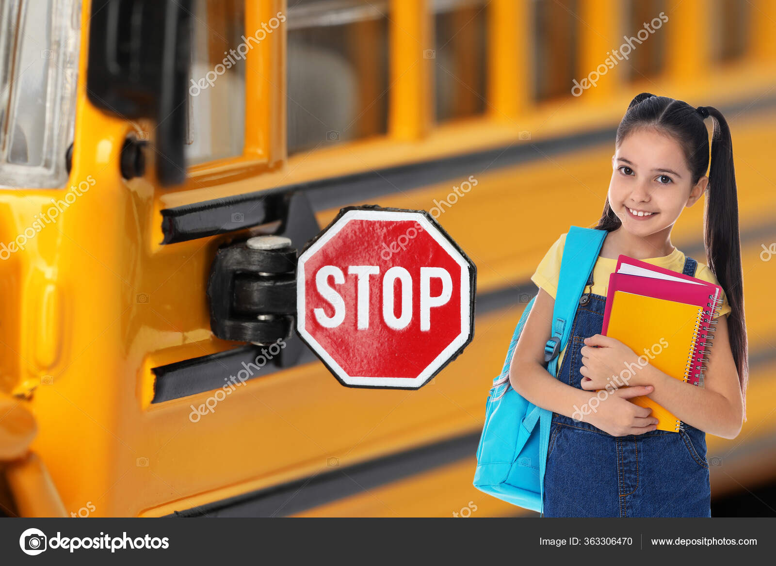 Girl Backpack Yellow School Bus Transport Students Stock Photo by ...