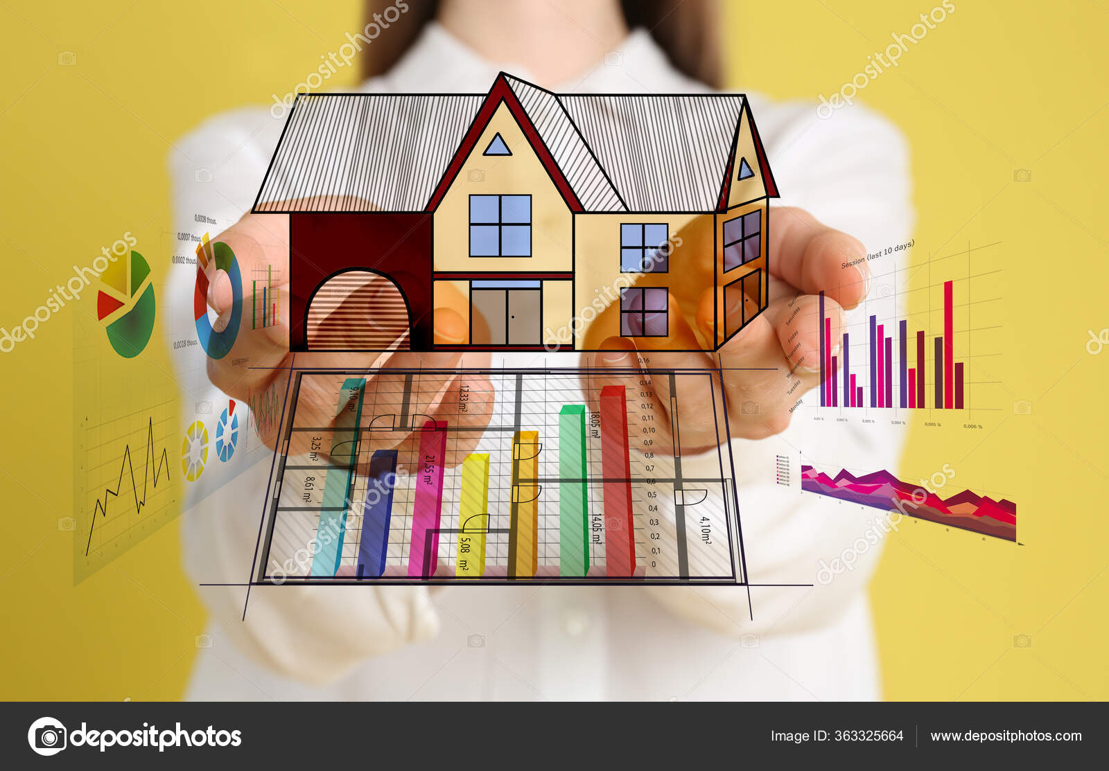 Designer Presenting Project House Charts Yellow Background — Stock ...