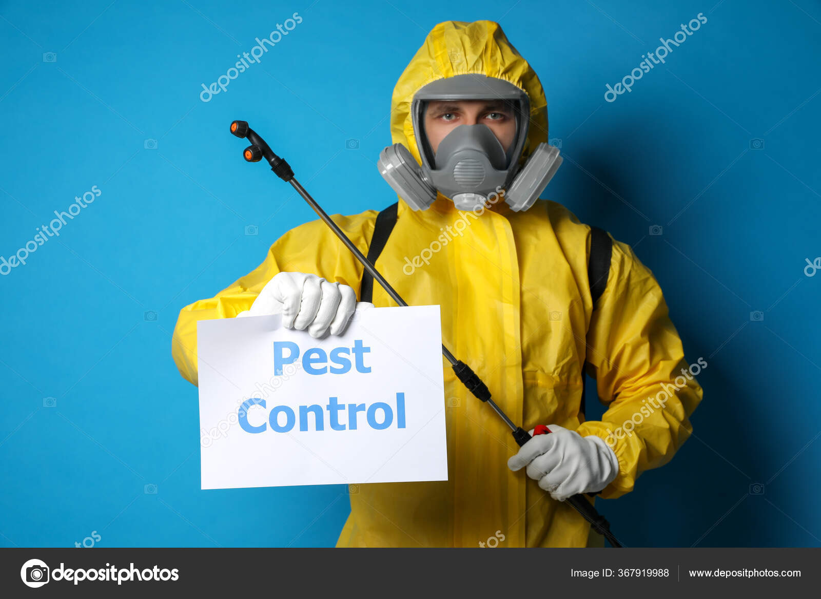 Man Wearing Protective Suit Insecticide Sprayer Holding Sign Pest ...