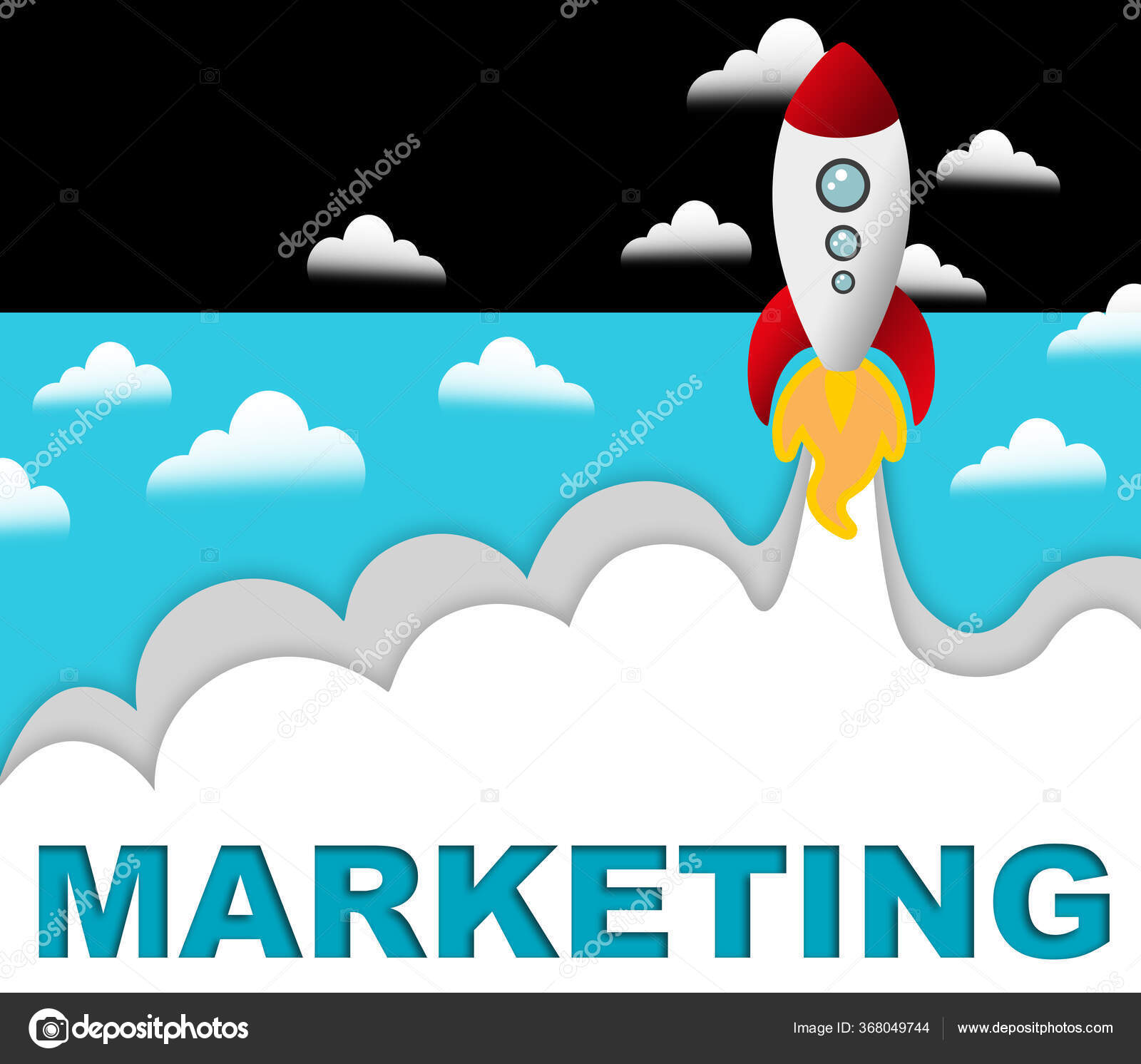 Digital Marketing Strategy Illustration Rocket Clouds Color Background ...
