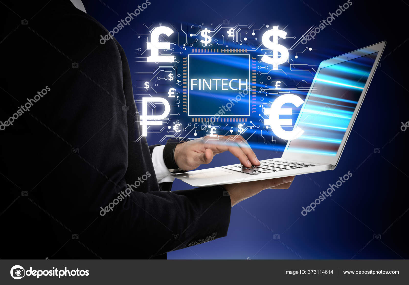 Fintech Concept Man Laptop Digital Schema Blue Background Closeup Stock ...