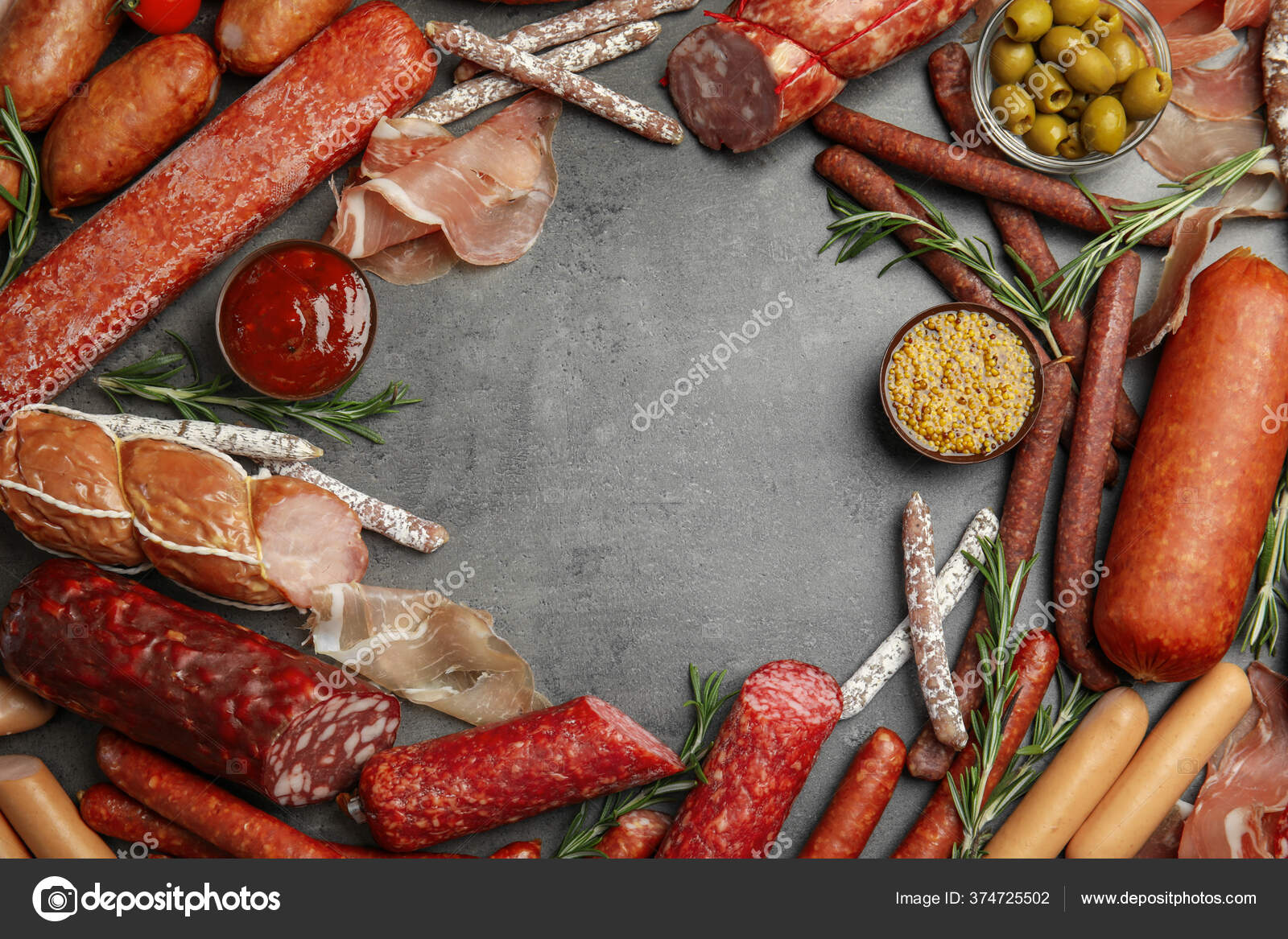 Frame Made Sausages Grey Table Flat Lay Space Text Stock Photo by ...