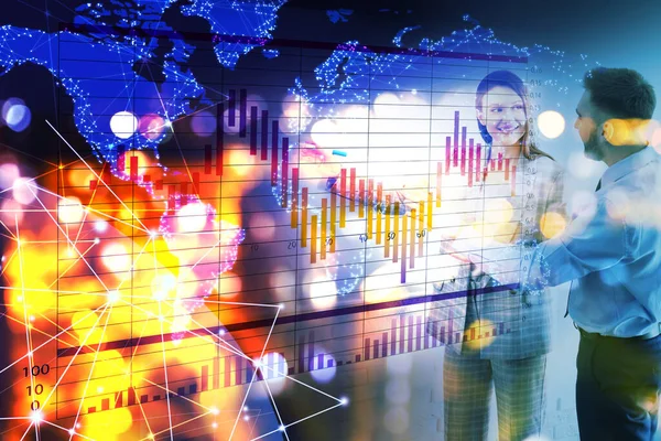 Forex trading. World map with charts against people and night city on ...
