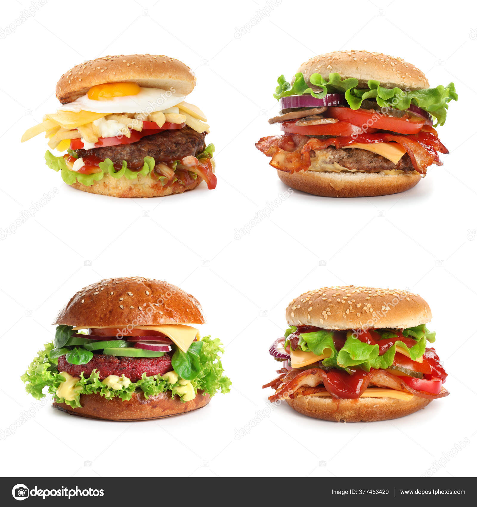 Set Different Delicious Burgers White Background Stock Photo by ...