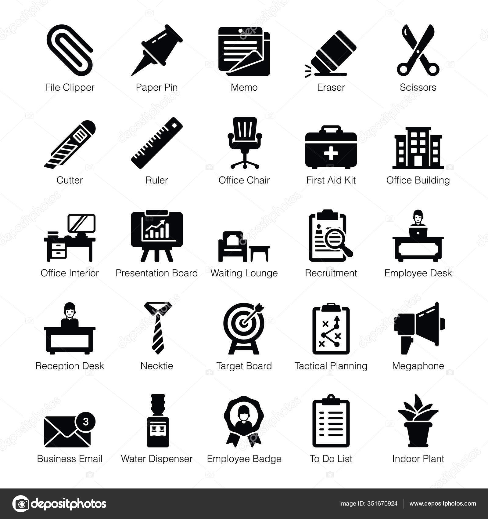 Here Bring Amazing Set Office Accessories Solid Icons Displaying ...