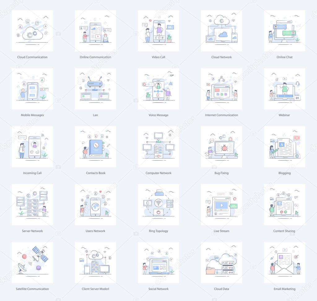 Ilustraciones planas de red y comunicaci n, un paquete nico con vectores editables en estilo de ...
