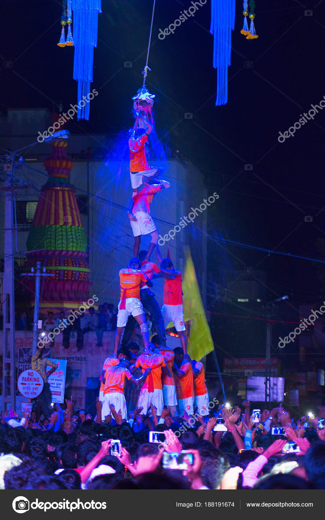 PUNE, MAHARASHTRA, INDIA, August 2016, Human pyramid breaks dahi handi ...