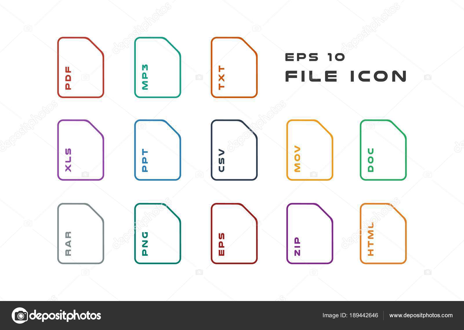 Set of Document Labels and File Formats Icons. PDF, MP3, TXT, XLS, PPT ...